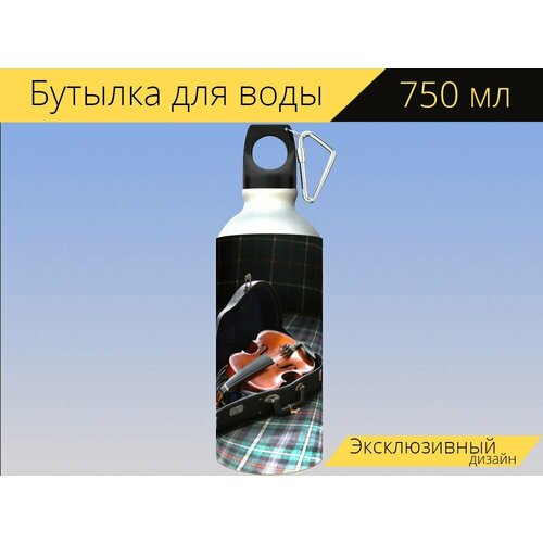 Бутылка фляга для воды "Скрипка, музыка, инструмент" 750 мл. с карабином и принтом