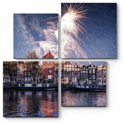 Модульная картина Яркий фейерверк в ночном небе Амстердама 100x100