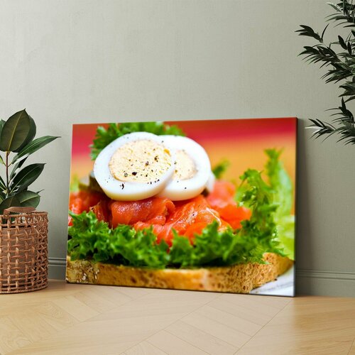 Картина на холсте (Тарелка с бутербродом и вареным яйцом сверху) 30x40 см. Интерьерная, на стену.