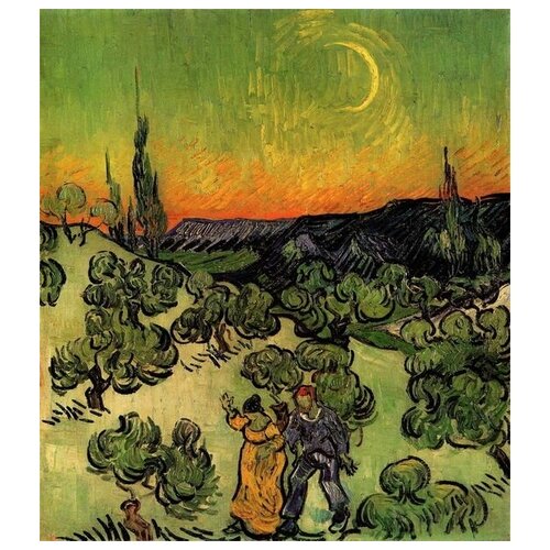 Репродукция на холсте Пейзаж с гуляющей парой и полумесяцем (Landscape with Couple Walking and Crescent Moon) Ван Гог Винсент 40см. x 45см.