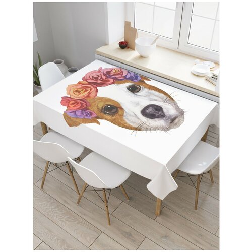 Скатерть прямоугольная JoyArty на кухонный стол "Джек рассел в цветочном венке" из оксфорда, 180x145 см