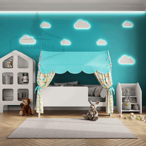Кровать детская домик с текстилем (бирюзовый, с жирафиками, вход справа) "Базовый"