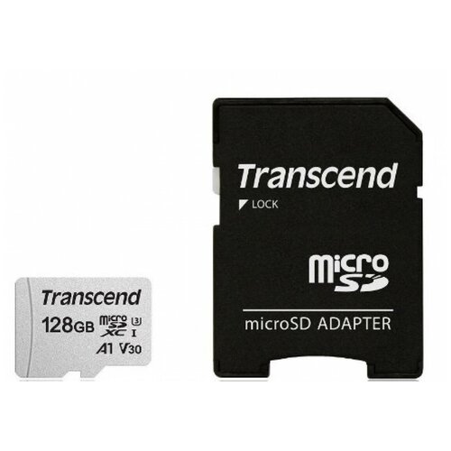 Карта памяти Transcend microSDXC 128 ГБ Class 10, V30, A1, UHS-I U3, R/W 100/40 МБ/с, адаптер на SD, 1 шт., серебристый