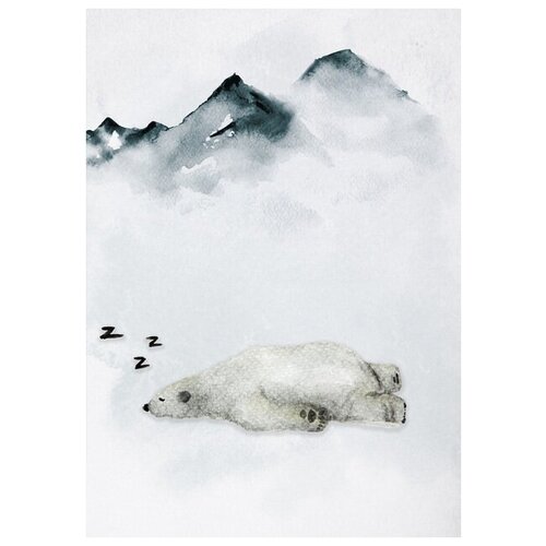 Плакат, постер на бумаге белый медведь акварель. Спит. Размер 60 х 84 см