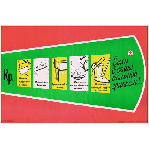 Советский плакат, постер на холсте Грипп: меры профилактики и безопасности. Размер 21 х 30 см