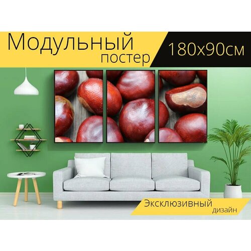 Модульный постер "Каштаны, осень, плоды конского каштана" 180 x 90 см. для интерьера