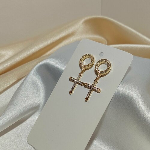 Серьги  Крест с фианитами, позолота 18к, фианит, размер 35 мм, бесцветный, золотой
