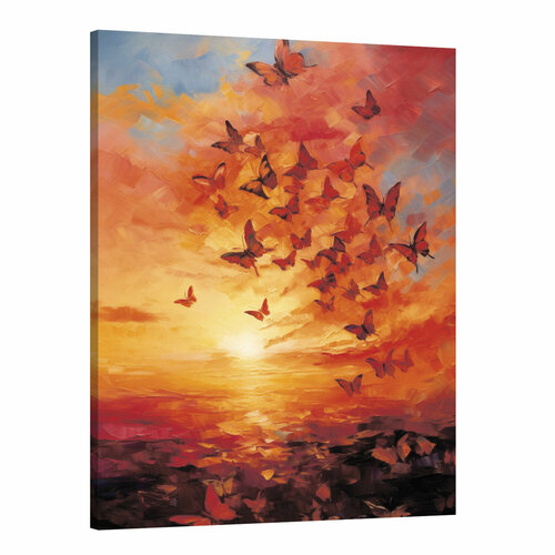 Интерьерная картина 50х70 "Сияние красок: Бабочки на фоне заката"