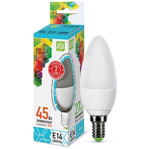 ASD LED-СВЕЧА-Standard, E14, C37, 5 Вт, 4000 К