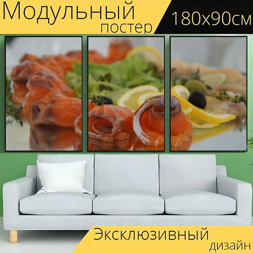 Модульный постер "Еда, рыба, вкусно" 180 x 90 см. для интерьера