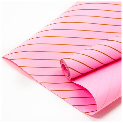 Упаковочная бумага, Крафт (0,7*8,5 м) Полоски Люрекс, Розовый, 1 шт.