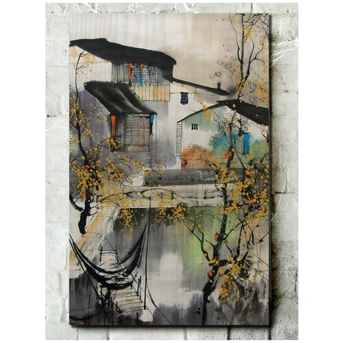 Картина интерьерная на дереве китайская живопись (Го - хуа, город) - 909