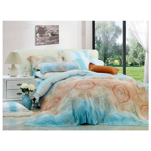 Комплект постельного белья Mango 577, 2-спальное с европростыней, перкаль, голубой