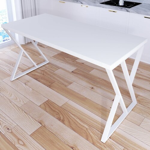 Стол кухонный Loft со столешницей белого цвета из массива сосны 40 мм и белыми металлическими Z-образными ножками, 140х60х75 см
