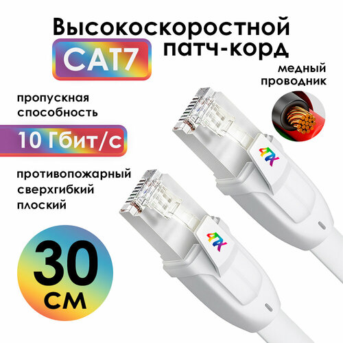 Кабель GCR 30см FTP CAT7 10 Гбит/с плоский для XBOX PS5 PS4 модема (4PH-L305) белый