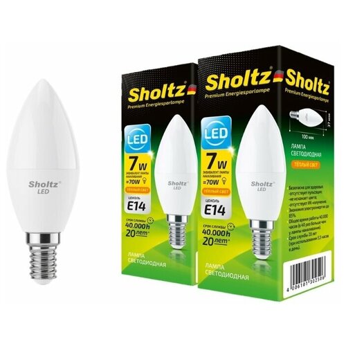 Комплект из 2 светодиодных энергосберегающих ламп Sholtz свеча С37 7Вт E14 2700К 220В пластик (Шольц) LEC3025D