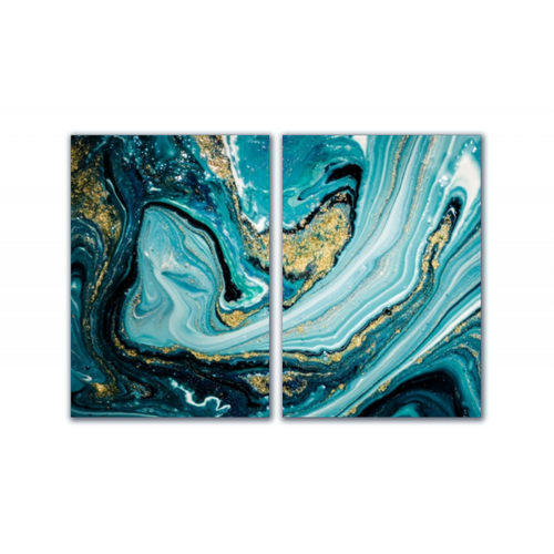 Модульная картина на стекле | Diva Kartina | Абстракция Мрамор. Голубое золото | 84X60 см