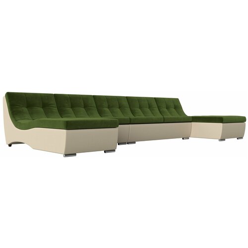 П-образный модульный диван Монреаль Long, Микровельвет зеленый, Экокожа бежевая
