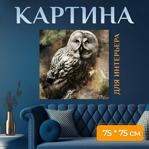 Картина на холсте "Сова, птица, ночная птица" на подрамнике 75х75 см. для интерьера