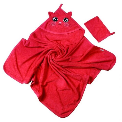 Набор для купания (полотенце уголок, рукавица) Кошечка цв. Фуксия 92х96см махра, хл100%