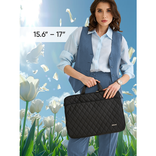 Сумка для ноутбука 15.6, 16 и 17 дюймов KINMAC с ремнем на плечо и большим карманом спереди (Стеганая черная)
