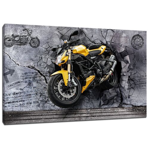 Картина Уютная стена "Желтый мотоцикл пробивает стену" 100х60 см