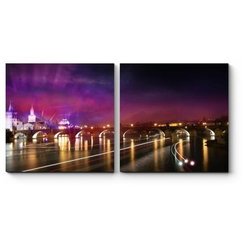 Модульная картина Карлов мост прекрасной ночью, Прага 80x40