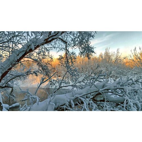Картина на холсте 60x110 Альянс Лес "Деревья река зима ветки снег" на подрамнике / интерьер/ декор