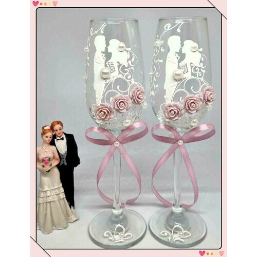 Свадебные бокалы с розочками в пудровом цвете 23 см/фужеры для шампанского/ бокалы свадебные/свадьба/бокалы молодоженов/свадьба/свадебные аксессуары