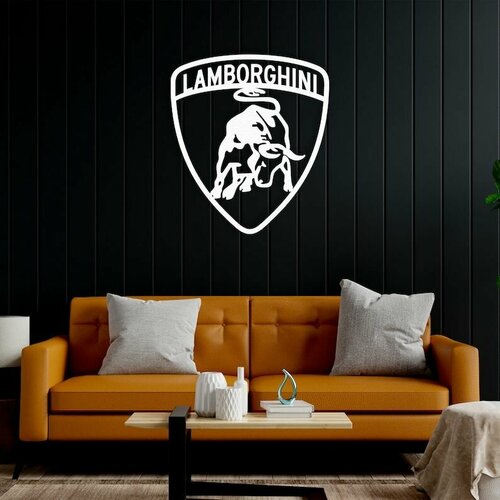 Декоративное панно деревянное, Логотип Lamborghini (белый цвет)