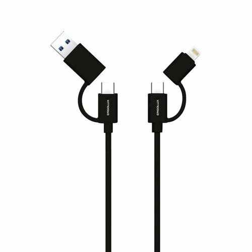 Кабель 4 в 1 ERGOLUX ELX-CDC07-C02, USB - Type-C/ Type-C/ Lightning, 5А, 1.2м, черный