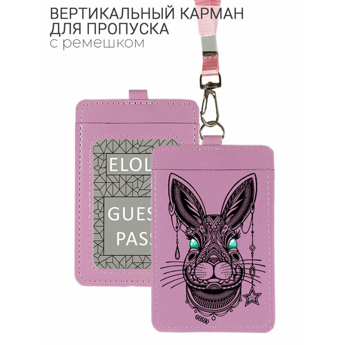 Чехол (бейдж) для пропуска и карт на ленте с принтом "Grand Rabbit" розовый