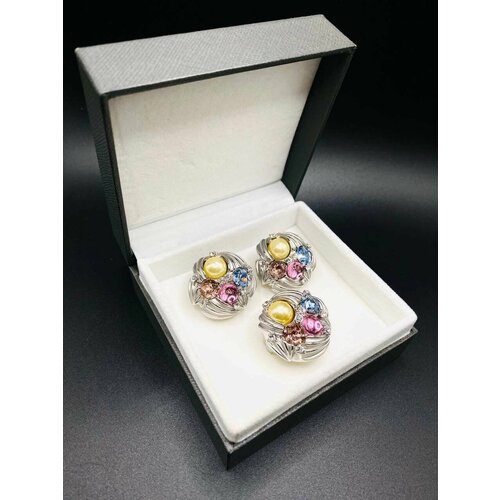 Комплект бижутерии: кольцо, серьги, кристалл, искусственный камень, размер кольца: безразмерное, серебряный, розовый