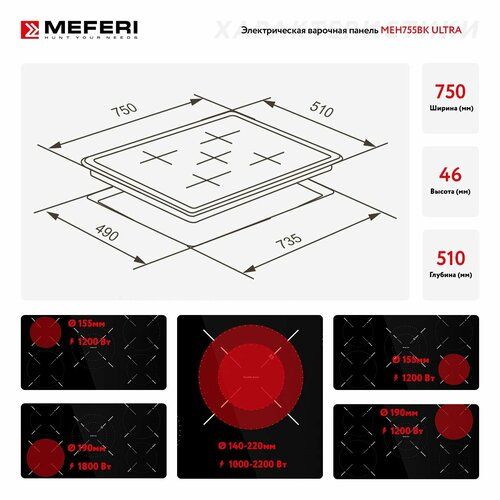 Электрическая варочная панель MEFERI MEH755BK ULTRA, стеклокерамика, 75см, 5 конфорок, черный