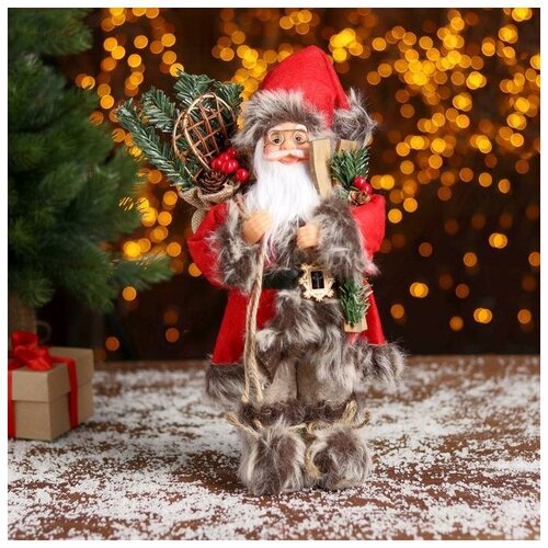 Фигурка Зимнее волшебство Дед Мороз в шубке с лыжами, 5036021, 30 см, разноцветный