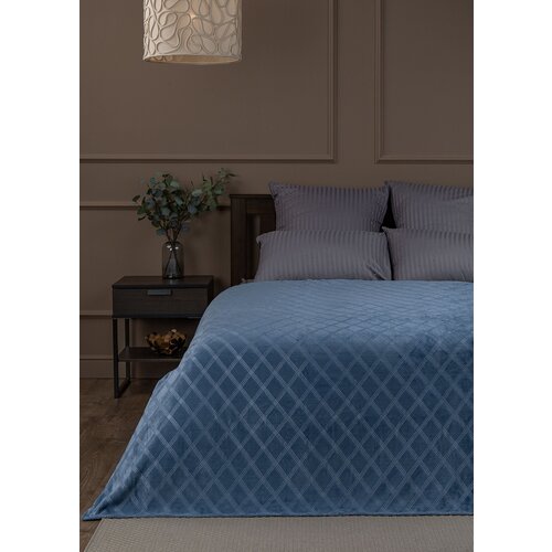 Плед TexRepublic Elite, рисунок Клетка, 200х220 см, Евро, покрывало на кровать, велсофт, мягкий синий