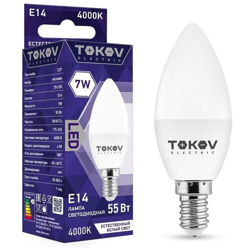 Лампа светодиодная 7Вт С37 4000К Е14 176-264В | код. TKE-C37-E14-7-4K | TOKOV ELECTRIC (70шт. в упак.)