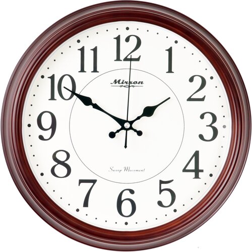 Большие настенные часы MIRRON P2931A-1 ТДБ/Круглые часы с диаметром 33 см/Коричневый цвет корпуса/Белый (светлый) циферблат/Большие арабские цифры/Часы в минималистичном дизайне