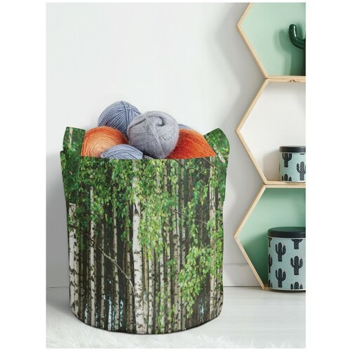Мягкая текстильная корзина JoyArty "Густой березовый лес" для хранения вещей и игрушек с ручками, 19 литров.