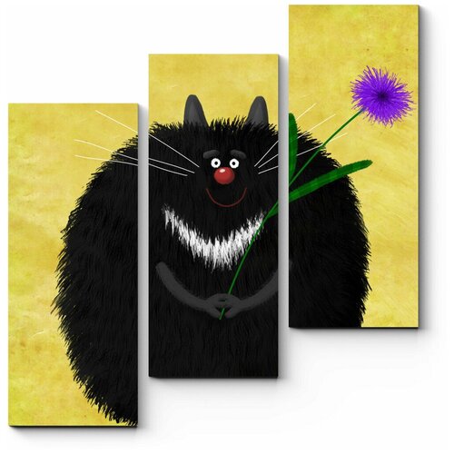 Модульная картина Милый черный кот с фиолетовой астрой 120x128