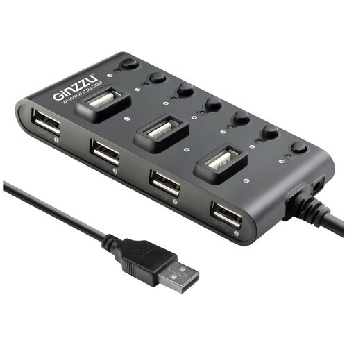 USB-концентратор  Ginzzu GR-487UB, разъемов: 7, 14 см, черный