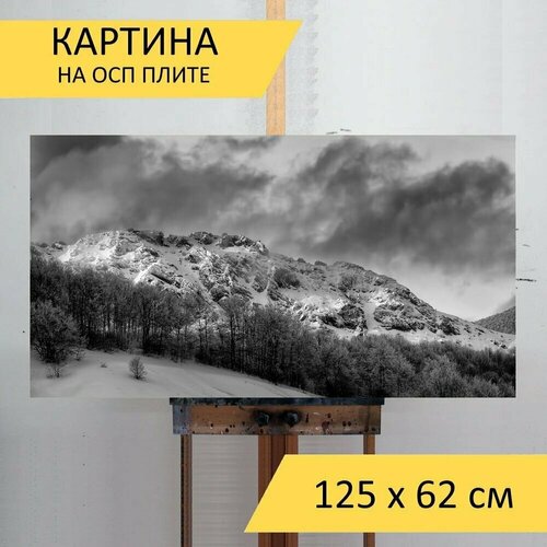 Картина на ОСП 125х62 см. "Снег, холодный, деревья" горизонтальная, для интерьера, с креплениями