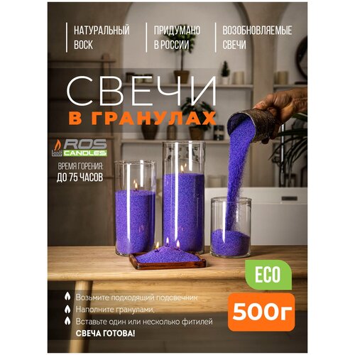 Свечи ароматические насыпные ROScandles фиолетовые , 500г воска + фитиль 1м