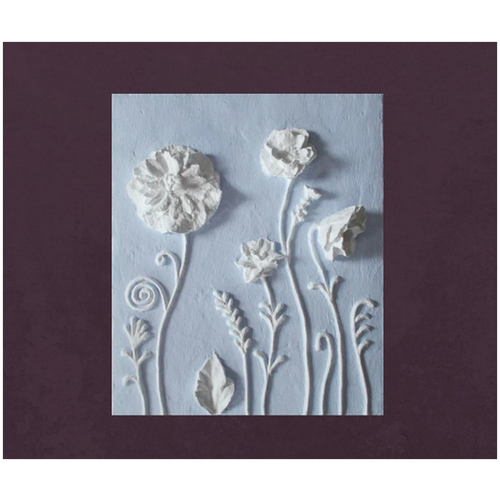 Ботанический барельеф 30х25см, светло-голубой барельеф цветы, подарок женщине к 8 марта, день рождения