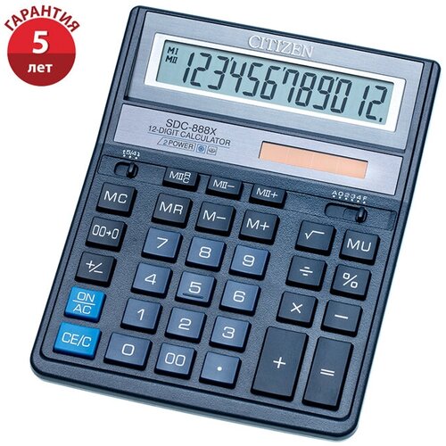 SDC-888XBL Калькулятор настольный Citizen SDC-888XBL, 12 разрядов, двойное питание, 158*203*31мм, синий