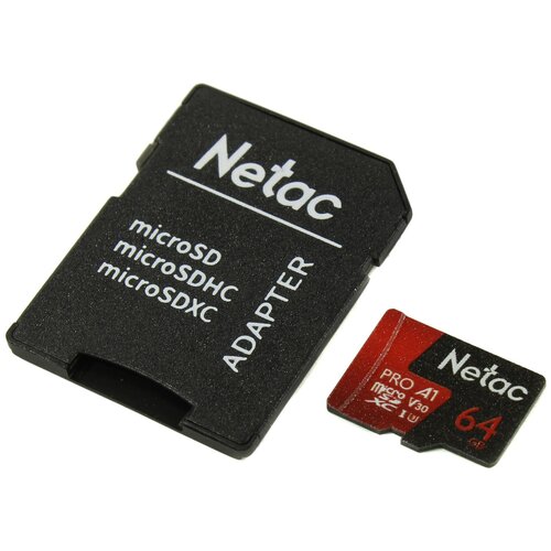 Карта памяти Netac microSDXC 64 ГБ Class 10, V30, A1, UHS-I U3, R 100 МБ/с, адаптер на SD, 1 шт., черный/красный