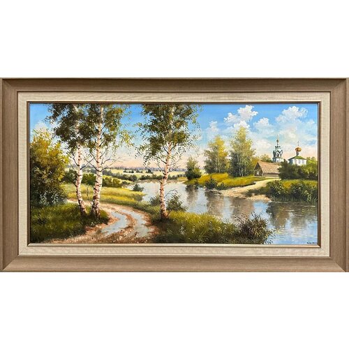 Картина маслом, летний пейзаж "Деревенский храм у реки"