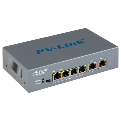 PV-POE04M2 PV-Link v.2051 - 6 портовый коммутатор 4хРоЕ 802.3af/at 10/100 Мбит/с, выход суммарно 80 Вт