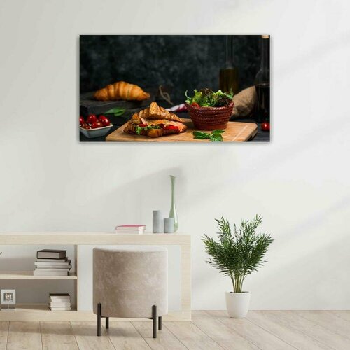 Картина на холсте 60x110 LinxOne "Сендвич с рыбой на столе" интерьерная для дома / на стену / на кухню / с подрамником