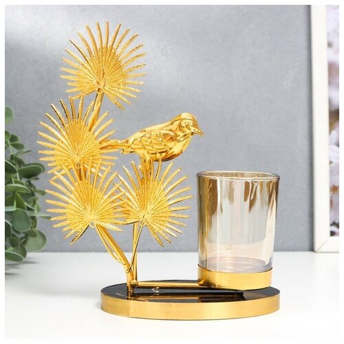 Подсвечник металл стекло на 1 свечу "Птица на пальме" d-5 см золото 8х16х19 см